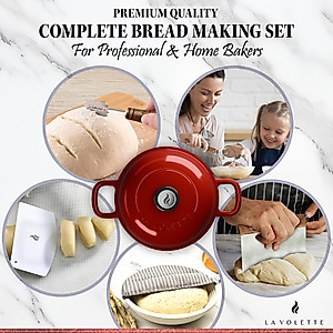 Enameled Cast Iron Bread Pan With Lid 9 Piece Complete Bread Baking Set | Dutch Oven for Bread Baking | 10 Inch Bread Oven with Lid | Thick Enamel | Silicone Baking Mat | Banneton | 6 Quart (Red)