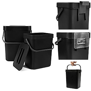 Domiella 2 Pack 1.3 + 0.8Gal Hanging Small Trash Can with Lid, Kitchen Compost Bin for Counter Top Under Sink, Sealed Food Waste Bin, Mountable Indoor Compost Bucket for Cupboard/Bathroom (Black)