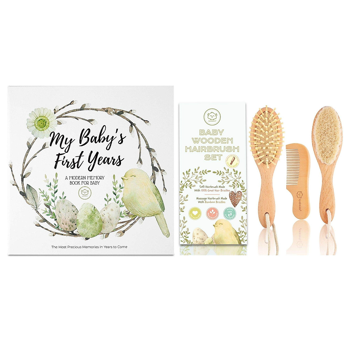 Baby Memory Book & Baby Natural Goat Hair Brush Bundle - Newborn Baby Shower Set for Baby Boy & Girl - Natural & Newborn Safe - Keepsake Journal Book for Newborn Babies
