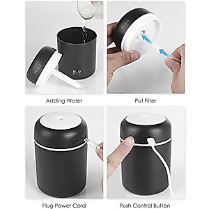 Portable Mini Humidifier, Fioyal RGB Light Small Humidifiers for Bedroom, Car, Desktop, 2 Cool Mist Modes, Quiet(300ML, Black)
