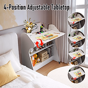 Pmnianhua Portable Mobile Desk on Wheels with Adjustable Angle Taletop,Home Office Desk,Rolling Computer Desk with Wheels and Storage for Home Office Small Space(White)