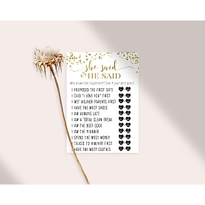 Black and Gold Bridal Shower Game He or She Said – 25 Pack, Couples Wedding Engagement Party Games, Reception Decor and Ideas, Fun Bridal Shower Guest Activities