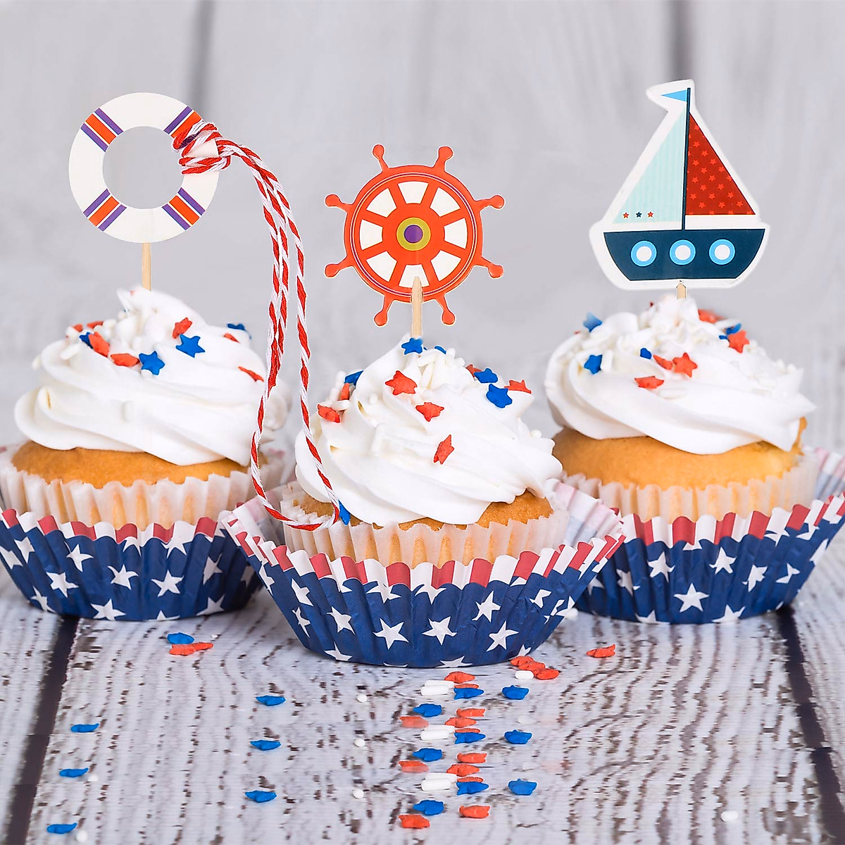 72 Pieces Nautical Cupcake Toppers Ocean Theme Toothpicks Birthday Cake Picks Decorations for Navy Baby Shower Party Favors Supplies