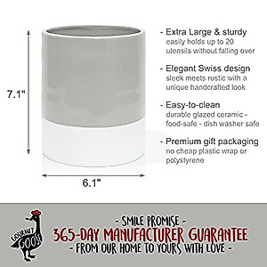Utensil holder – crock - caddy - Extra Large ceramic organizer for kitchen countertop - modern or rustic farmhouse decor - gray & natural white - jar holds all spatulas, spoons & tools