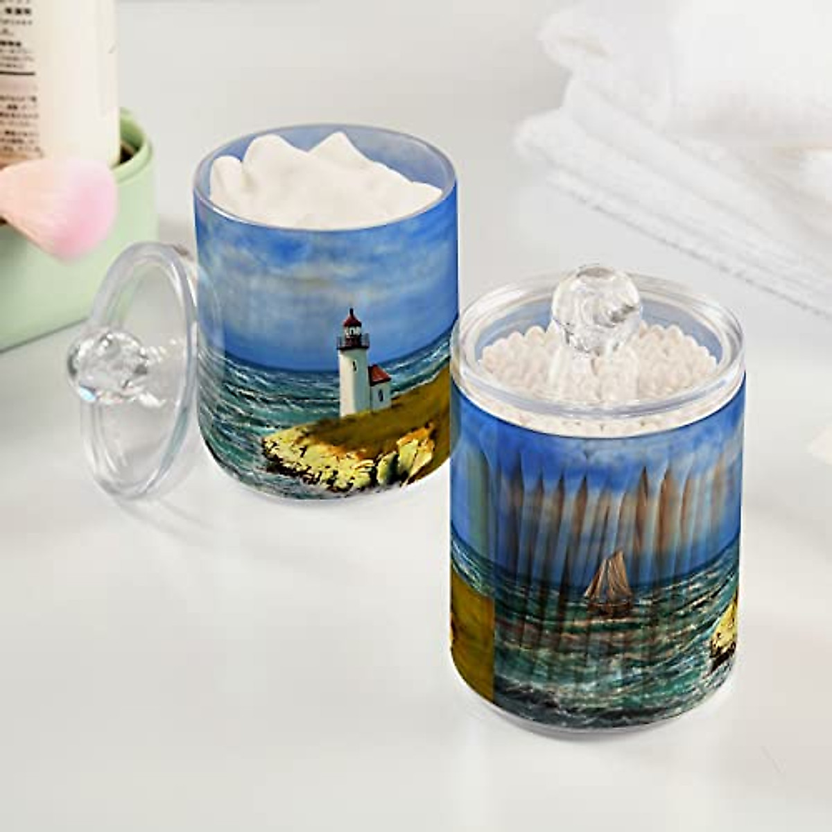 KEEPREAL Lighthouse Landscape Oil Paintings Qtip Holder Dispenser with Lids, 4PCS Plastic Food Storage Canisters, Apothecary Jar Containers for Vanity Organizer Storage