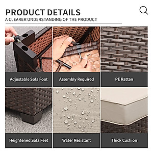 Patio PE Wicker Furniture Set 4 Pieces Outdoor Brown Rattan Sectional Conversation Sofa Chair with Storage Box Table and Khaki Cushions