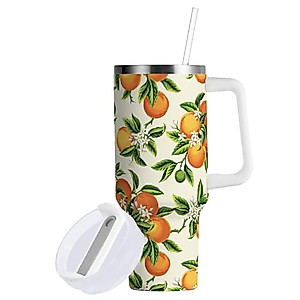 ZZXXB Orange Florals Insulated Stainless Steel Water Bottle with Handle and Straw Lid Double Walled Travel Mug 40 oz
