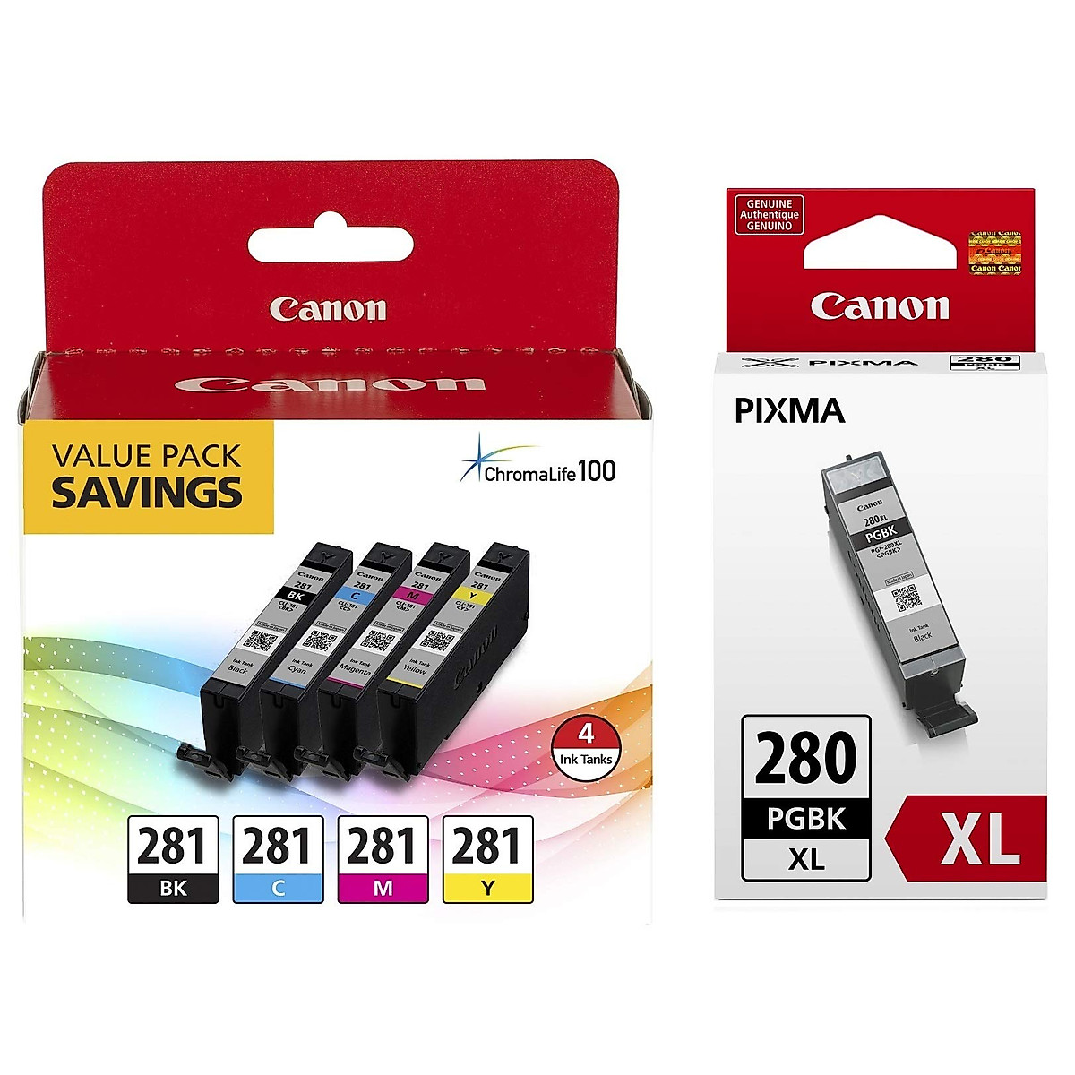 Canon CLI-281 BKCMY 4-Color Ink Tank Value Pack (2091C005) + Canon PGI-280 XL Pigment Black Ink Tank (2021C001)