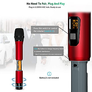 Wireless Microphone, Uhf Metal Dynamic Handheld Karaoke Mic, Rechargeable Receiver (Work 6hs),160ft Range, for Karaoke, Singing, Stage, Wedding, Speech, Karaoke Machine, Speaker, Amplifier, Mixer