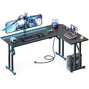 MOTPK L Shaped Gaming Desk with Led Lights, 55 Inch Gaming Computer Desk with Carbon Fiber Texture, Pc Gaming Table with Power Outlet and Headphone Hook, L Desk for Gaming, Black