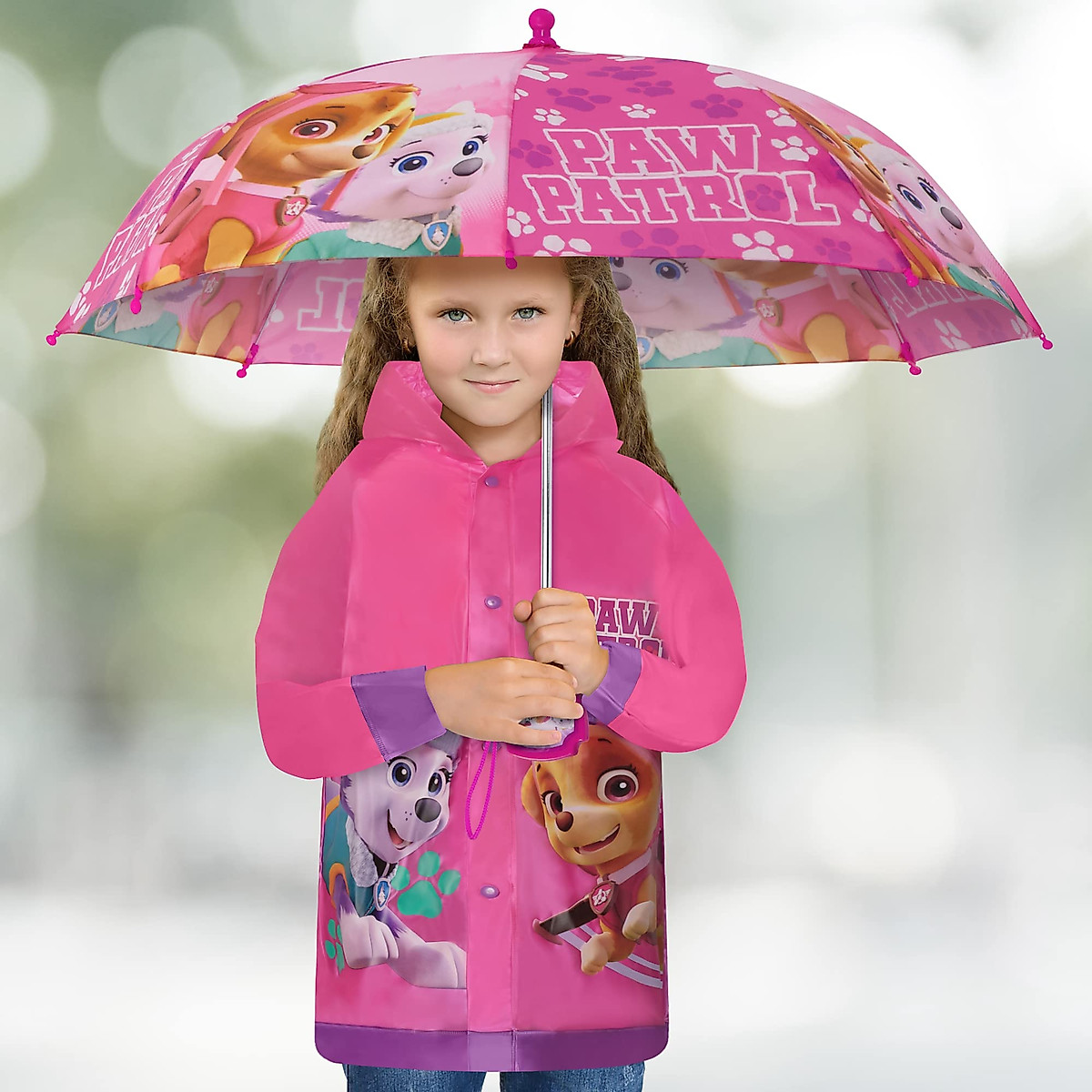 Nickelodeon Umbrella and Poncho Raincoat Set, Paw Patrol Girls Rain Wear for Toddler 2-3 Or Kids 4-7, Dark Pink, 4-5 Years