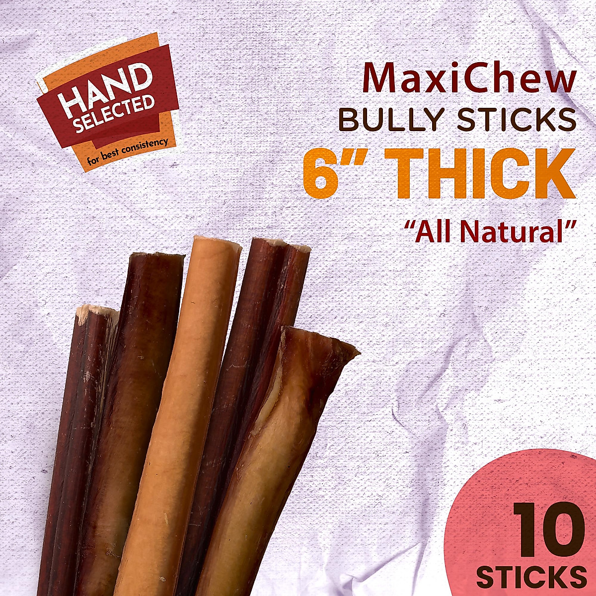 MaxiChew Odor-Free Bully Sticks(6 Inch, Pack of 10), Non-GMO, Fully Digestaible 100% Beef Pizzle Chews, Grain_Free, Grass-Fed, Best Dental Treat, Natural Long-Lasting, Premium Chews for Dogs
