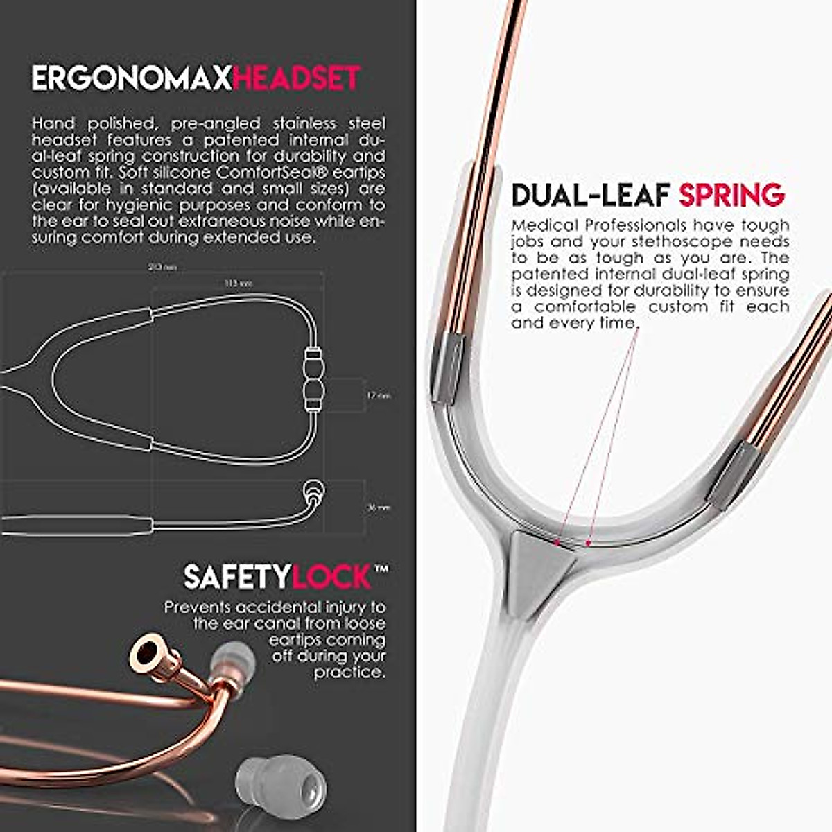 MDF Rosegold MD One Stainless Steel Stethoscope, Adult, White Tube, Rosegold Chestpieces-Headset, MDF777RG29