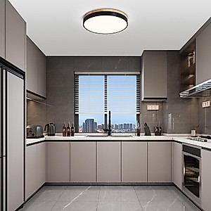 VIOLOEMI Modern Black Ceiling Light, Wood LED Close to Ceiling Lighting Fixtures, Round Flush Mount Ceiling Lamp for Kitchen Bedroom Bathroom Laundry Room Nursery Room Hallway（15.74 Inch）