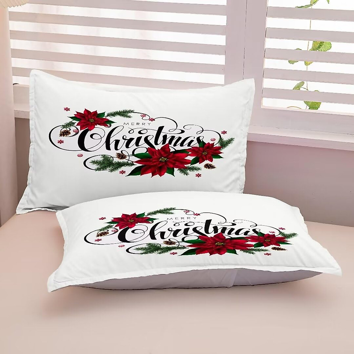 GRAT TIOC Christmas Comforter King,Xmas Bedding Set Set,Red Poinsettia Flowers Comforter Merry Christmas Bed Bedroom Set Home Decor for Kids Girls Women White