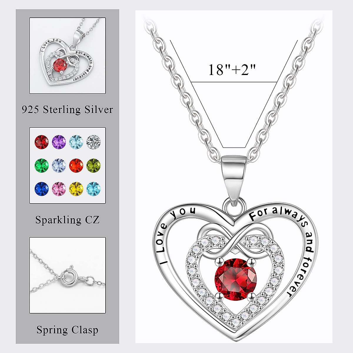Heart Birthstone Necklace for Women, 925 Sterling Silver Necklace Heart Necklaces for Women Infinity Necklace January Birthstone Necklace for Women Silver Heart Necklace Birthstone Jewelry for Women