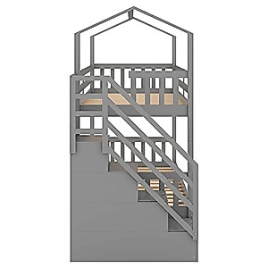 DEYOBED Twin Over Twin Wooden Bunk Bed with Storage Staircase for Kids and Teens