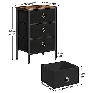 HOOBRO Nightstand, 3-Drawer End Table, Side Table with Fabric Drawers, Sofa Side Table, Metal Frame, Large Storage, for Bedroom, Study, Office, Large Storage, Rustic Brown and Black BF59BZ01