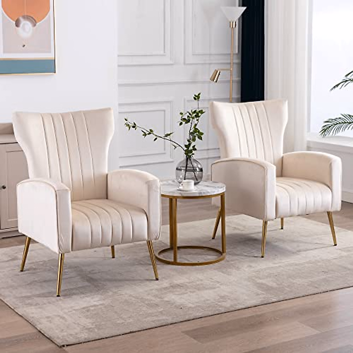 KCC Velvet Accent Living Room Chairs Set of 2, Mid Century Armchair with High Back for Bedroom, Upholstered Single Sofa with Golden Metal Legs,Cream