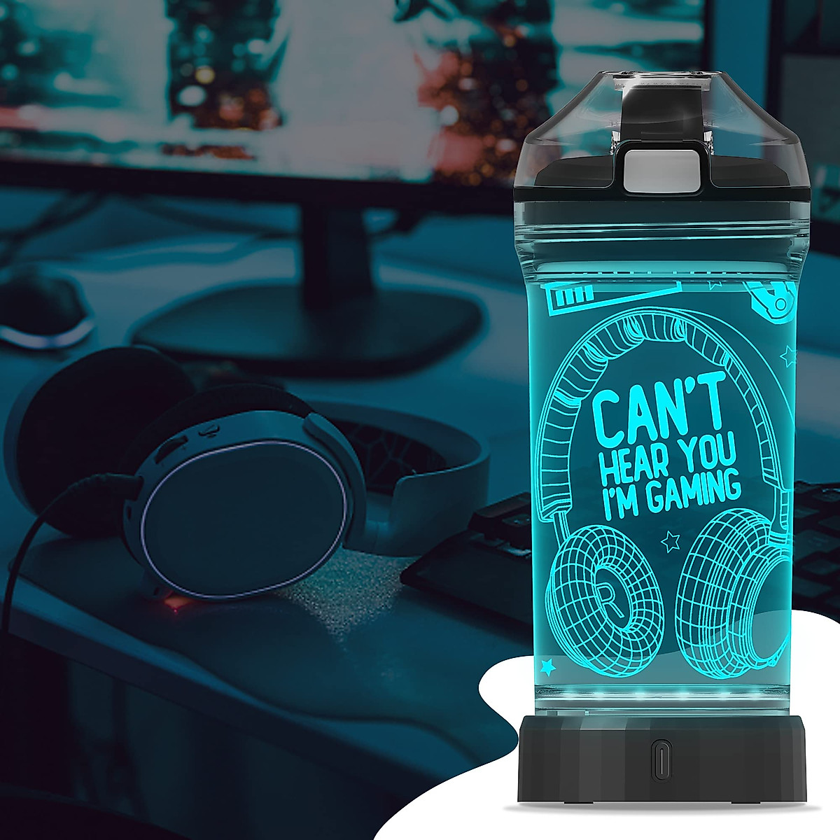 YuanDian Can't Hear You I'm Gaming Water Bottle, Headphone 7 Color Lights 3D Light up Drinking Cups Gifts for Gamers Boys, BPA Free & Leak Proof Flip Top Lid & Easy Clean & Carry Handle, 14oz/400ml