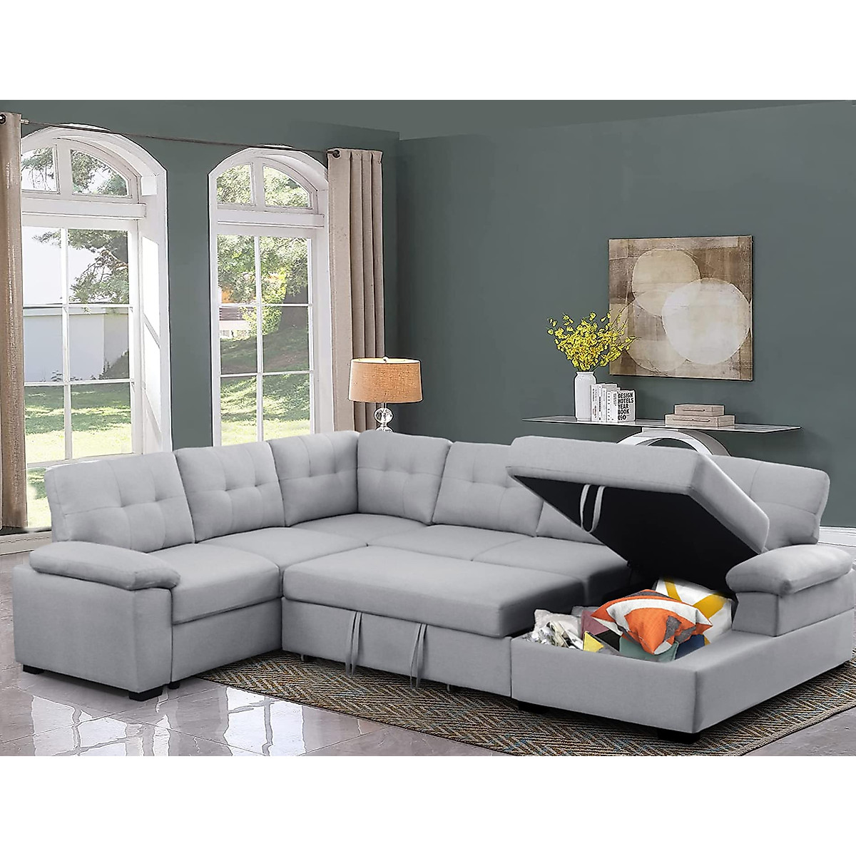 Sleeper Sofa Couch Bed with Pull Out Couch Living Room Set Sectional Sleeper Sofa with Storage Chaise Modular Couch Fabric Sofa Bed in Grey