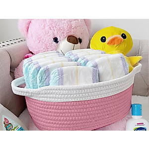 GIFTEXPRESS Pink & White Woven Basket - 13" x 8" x 5" Cotton Rope Organizing Baskets for Baby Items or Cat & Dog Toys - Cute Soft Gift Storage Bin w/Handles