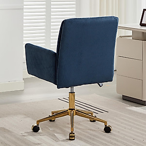 Stripes Velvet Home Office Desk Chair Accent Upholstered Modern Height Adjustable 360° Armchairs with Gold Base for Women Girls Ergonomic Study Seat Computer Task Stools for Living Room（Navy Blue）