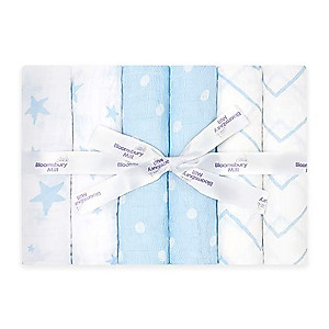 Bloomsbury Mill - Pack of 6 Super Soft Muslin Receiving Blankets - 100% Certified Organic Cotton in Gifting Ribbon Stars, Chevrons & Polka Dots Designs - Blue & White - 28" x 28"