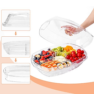 IVYHOME Fruit Trays for Serving for Party, Chilled Veggie Tray, Shrimp Cocktail Serving Dish, Appetizer Serving Platter for Parties, with Lid and 4 Compartments