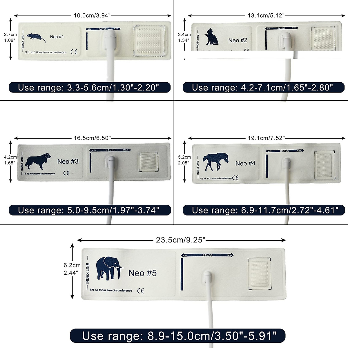 5 Pcs Veterinary Animal Blood Pressure Cuff,5 Different Sizes Disposable Pet Sphygmomanometer Cuff Accessories - Fit Most Veterinary Monitor with 2 Kinds of Interfaces (Mix)