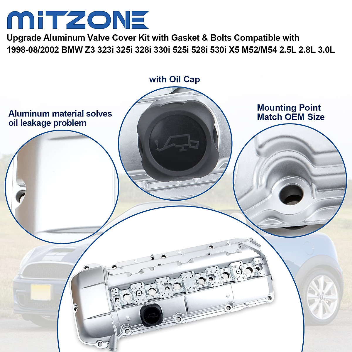 MITZONE Upgrade Aluminum Valve Cover Kit Compatible with 1998-08/2002 BMW Z3 323i 325i 328i 330i 525i 528i 530i X5 M52 M54 2.5L 2.8L 3.0L Part 11121432928