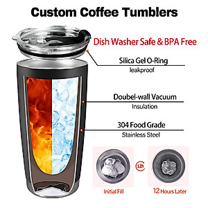 Personalized Coffee Tumbler with Picture Text, Custom 20oz Insulated Stainless Steel Travel Tumbler with Lids, Personalized Travel Mug - Birthday Mothers Day Gifts for Women Men