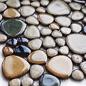 Primoon Pebble Stone Mosaic Tiles 5 Sheets, Beige Tan Brown Ceramic Mosaic Sheets Mesh Mounted 12x12, Glazed Porcelain Tile for Shower Floor Kitchen Bathroom Accent Wall Backsplash 【5 Sheets】