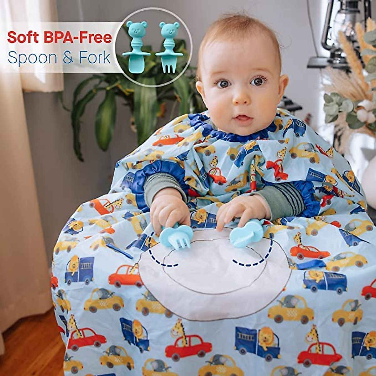 CUTE COMFORTZ Coverall Feeding Bibs Covers to Standard Highchair with Silicone Spoon & Fork, Waterproof allover Bib for Babies