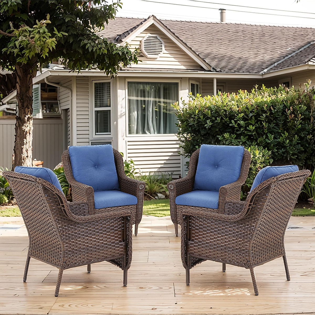 Patio Chairs Outdoor Wicker Armchair Set of 4 - Heavy Duty Outside Rattan Lawn Chair for Front Porch Balcony Backyard Yard Deck Poolside Apartment – Brown/Blue
