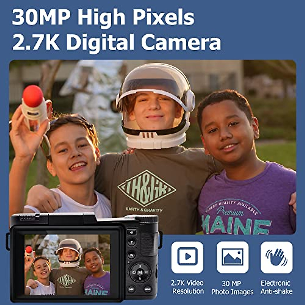 Digital Camera for Photography, Vlogging Camera with 2.7K Full HD, 30MP YouTube Camera with 180 Degree Rotation 3.0 Inch Flip Screen, 4P Lens, 32GB SD Card and 2 Batteries（Focus Fixed）