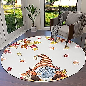 Large Round Area Rug for Living Room Bedroom, 3ft Non-Slip Rugs for Kids Room, Fall Thanksgiving Gnome with Pumpkin and Maple Leaves Washable Carpet Floor Mat for Home Nursery Room Decor