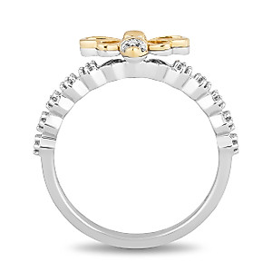 Jewelili Hallmark Fine Jewelry Sterling Silver and 14K Yellow Gold 1/6 Cttw Natural Round White Diamonds Honeybee Ring, Size 7