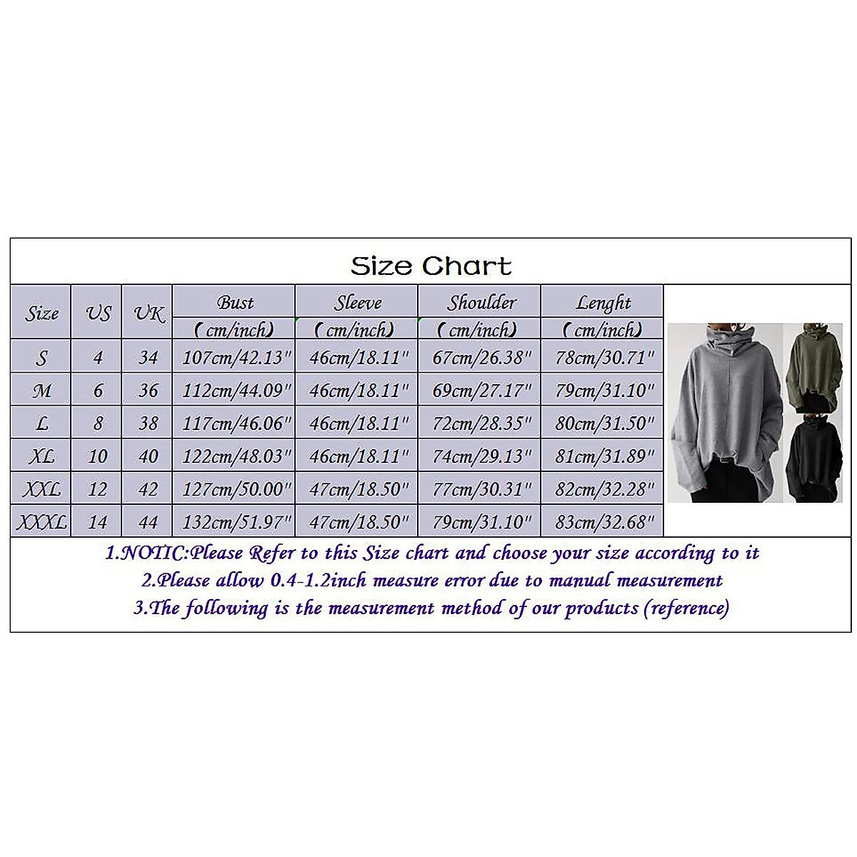 iQKA Women Long Sleeve High Neck Sweatshirt Solid Color Casual Loose Turtleneck Pullover Tops Fall Blouse S-3XL(Black，XXL)