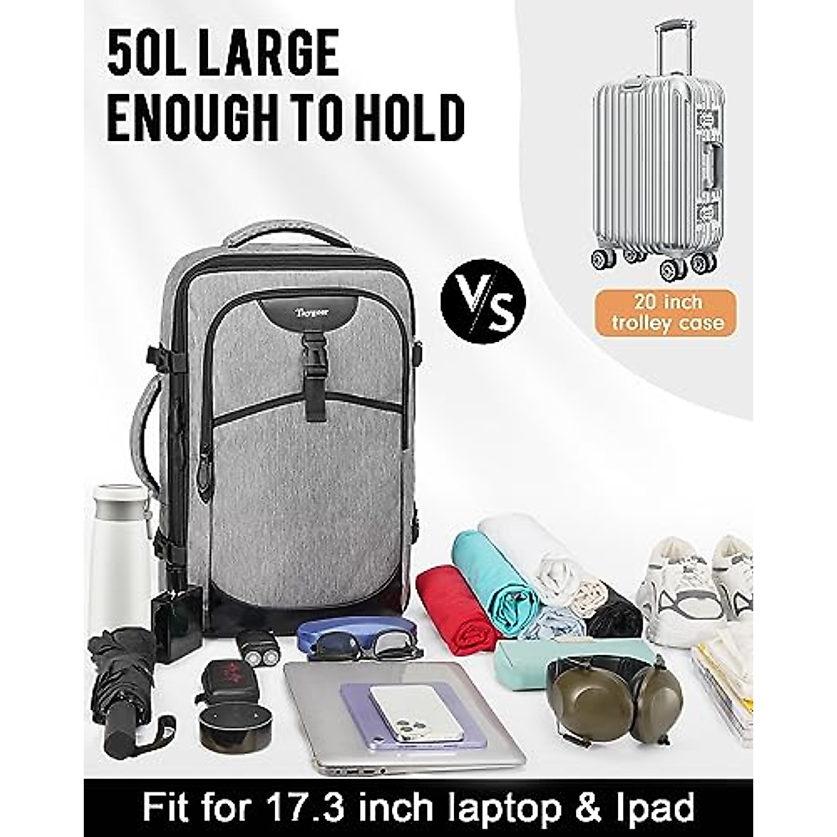 Carry on Backpack, 50l Large Travel Backpack with 3 Packing Cubes, Expandable Airline Approved 17inch Laptop Backpack, Business Weekender Daypack Overnight Luggage Duffel Bag Gifts for Men Women,Grey