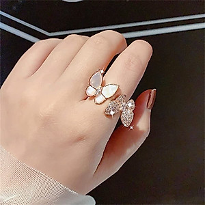U/B Double Butterfly Rings for Women Natural Opal Ring Ladies Fashion Hand Jewelry AAA Cubic Zirconia Adjustable Ring (Silver)