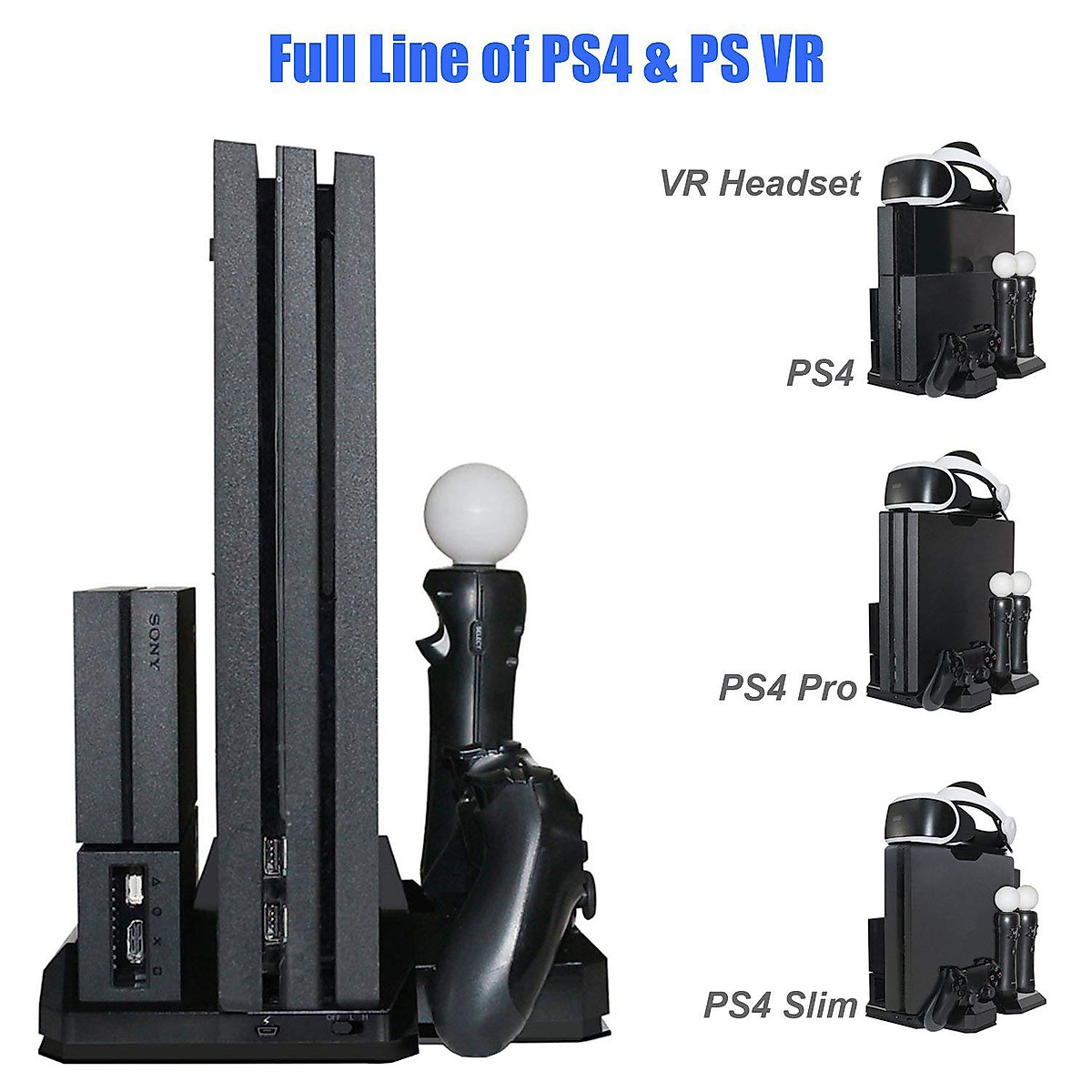 PS4 Stand Vertical Display Stand Charger for PlayStation PS VR Headset, PS4, Pro, Slim Console, DualShock 4 & Move Motion Controller