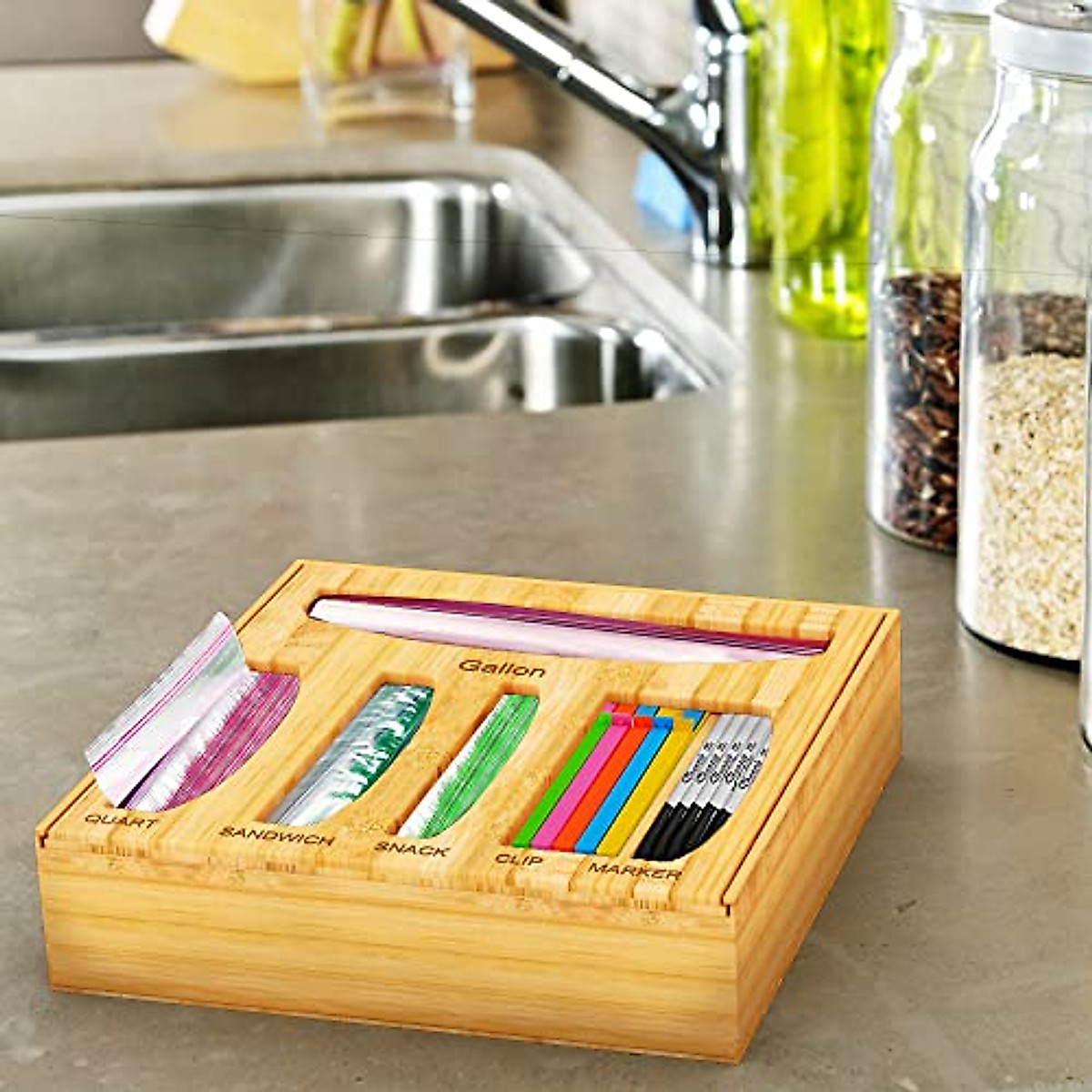 More2Store Ziplock Bag Storage Organizer Bamboo 6 in 1 Food Baggie Dispenser for Kitchen Drawer - Compatible with Gallon, Quart, Sandwich, Snack, Clip, and Marker