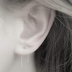 Minimalist Double Piercing Earrings for Women Men S925 Sterling Silver Bar Threader Dangle Drop Stud Safety Pin 2 Hole Lobe Bended Hook Fashion Personalized Hypoallergenic Lightweight Jewelry