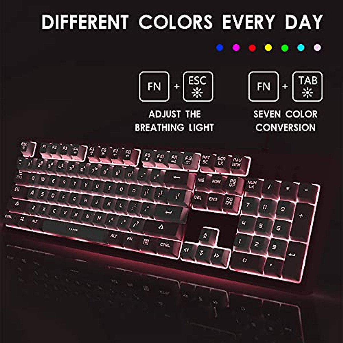 KECOP Baby Pink USB Wire Keyboard with Rainbow LED Backlight Full 104 keys Water-Resistant Mechanical Feeling Game Keyboard for Desktop, Computer, PC (Baby Pink)