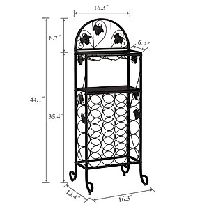 VECELO Metal Wine Rack Hold 20 Bottles with Glasses Holder, Freestanding Floor Bar Storage & Display Shelf for Kitchen Dining Living Room, Black Glass Top