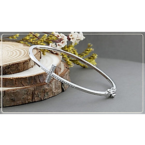 Dazzlingrock Collection 0.10 Carat (ctw) Round White Diamond Sideways Cross Bangle Bracelet for Women in 925 Sterling Silver