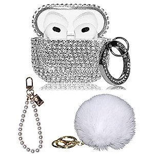 4in1 Bling Diamonds for AirPods 3 Case Cover Accessories Set Kit, Rhinestone PC for AirPods 3rd Generation Case for Women Girl w/ Cute Fur Ball Pompom Keychain/Crystal Bracelet/Lobster Clasp Keychain