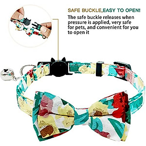 KUDES 2 Pack Breakaway Cat Collar with Removable Bow Tie and Bandana, Cute Floral Pattern Kitten Bowtie Collar Bandana Collar with Bells for Cats Puppy, Adjustable from 7.5-10.8 Inch (Colorful Flower)