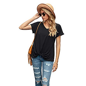 Iandroiy Women's V Neck Short Sleeve Casual Tops Twist Knot Blouse T Shirts (X-Large, Black)